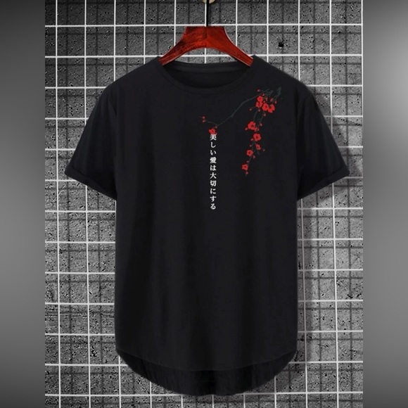 SHEIN | Shirts | Mens Japanese Tshirt Black And Red Sakura | Poshmark